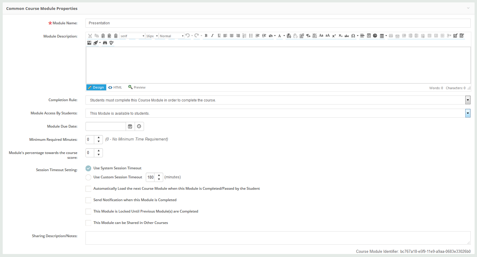Common Course Module Properties