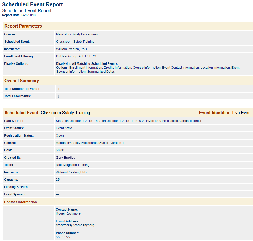 Scheduled Events Report