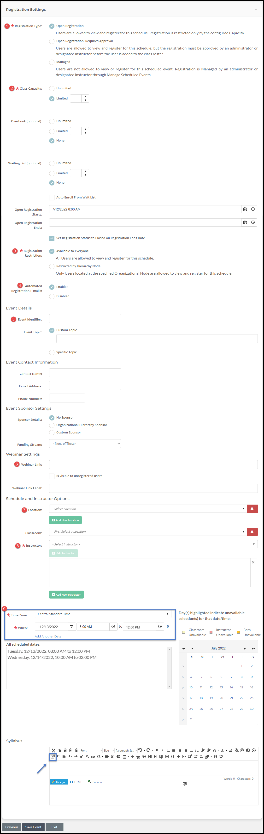 Manage Scheduled Events: Creation